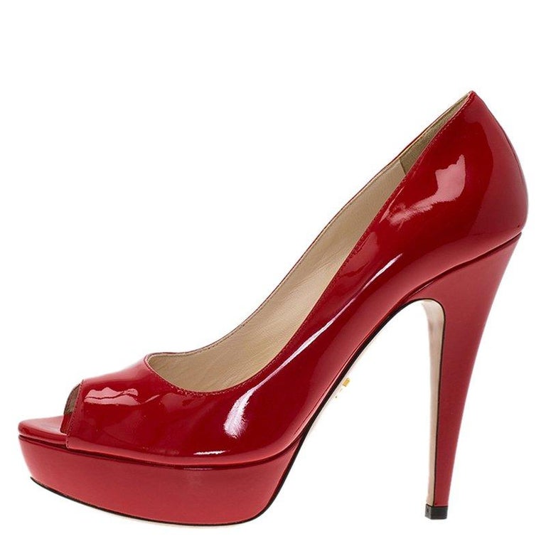 Prada Red Patent Peep Toe Platform Pumps Size 37.5 For Sale at 1stDibs ...