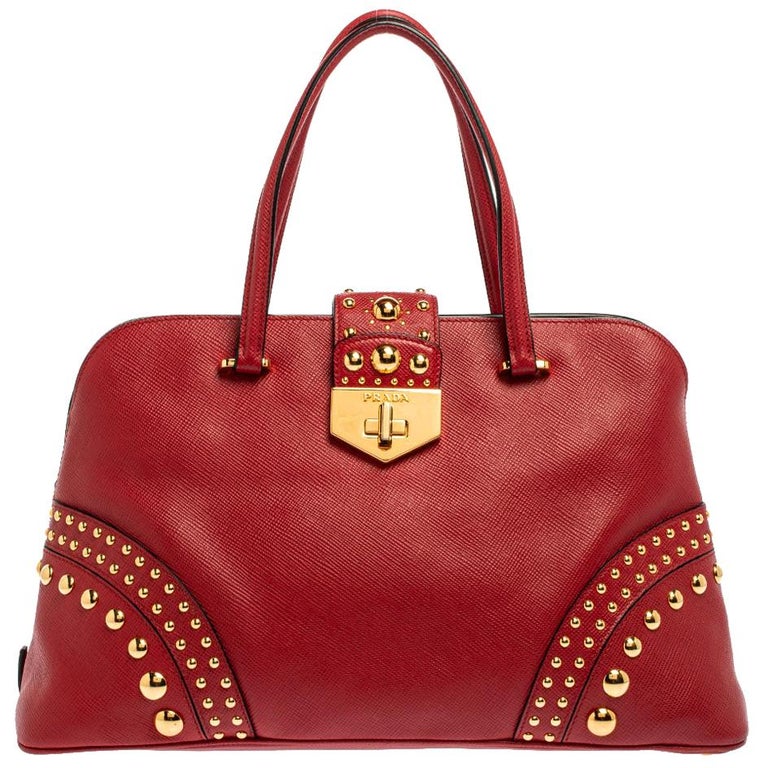 Prada Red Saffiano Cuir Leather Open Promenade Studded Bag at 1stDibs