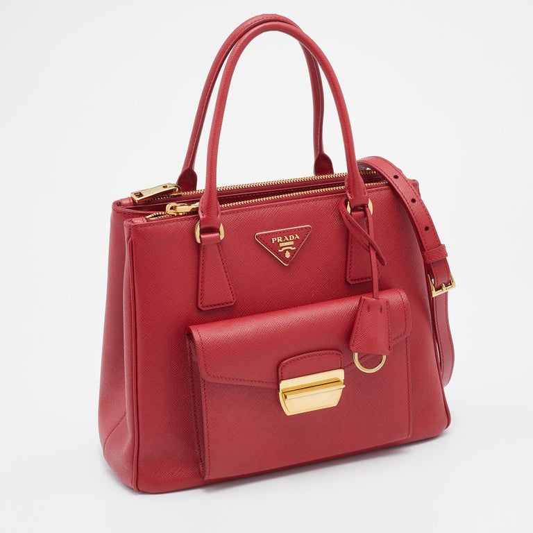 Prada Red Saffiano Lux Leather Small Front Pocket Double Zip Tote For ...