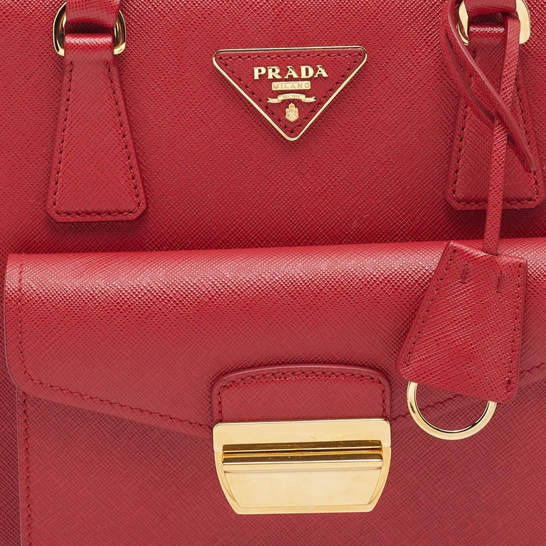 Prada Red Saffiano Lux Leather Small Front Pocket Double Zip Tote For ...