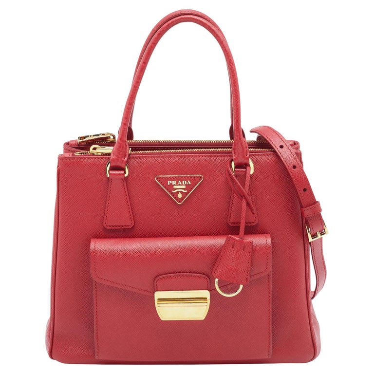 Prada Red Saffiano Lux Leather Small Front Pocket Double Zip Tote For ...