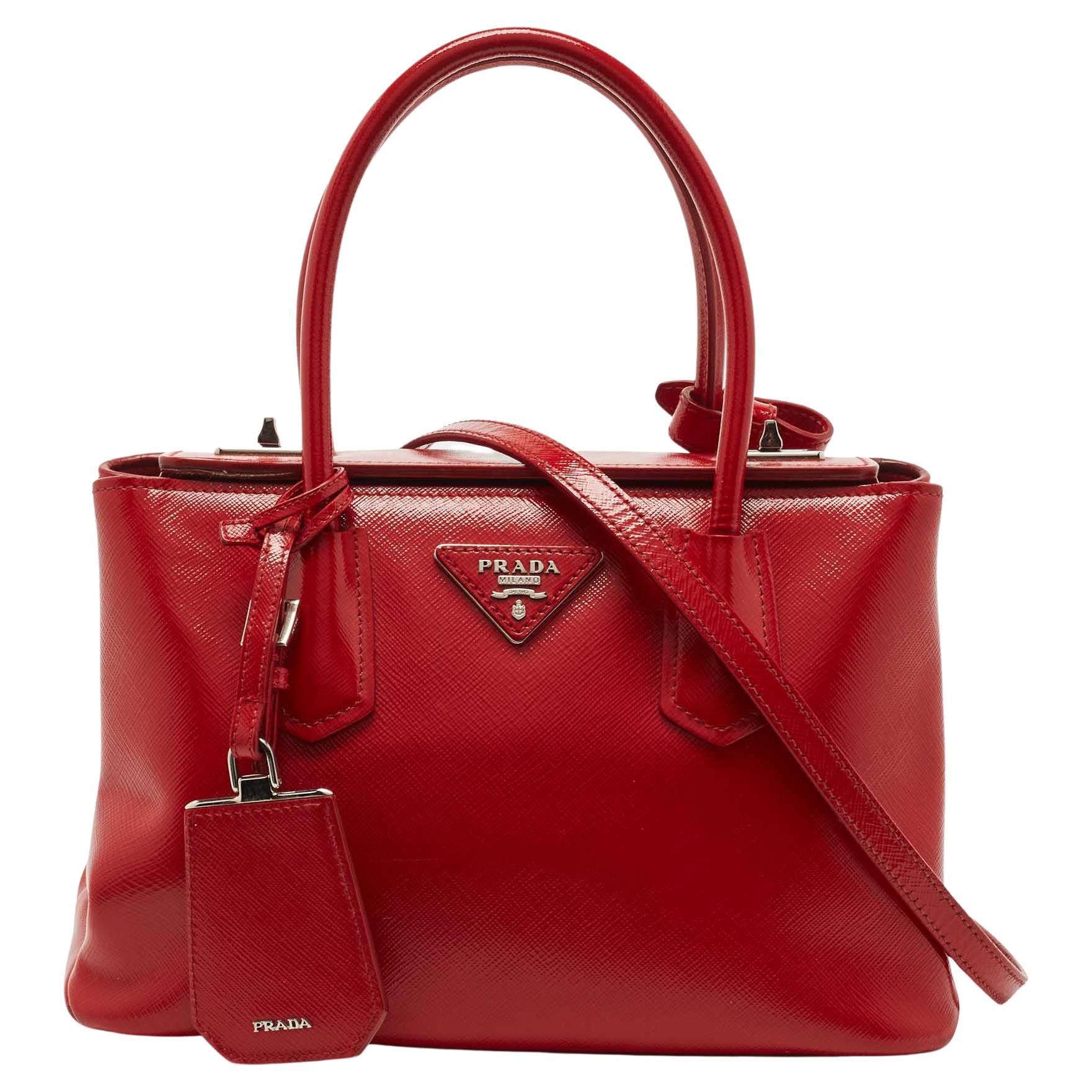 Prada Red Saffiano Patent Leather Twin Turnlock Tote For Sale at 1stDibs