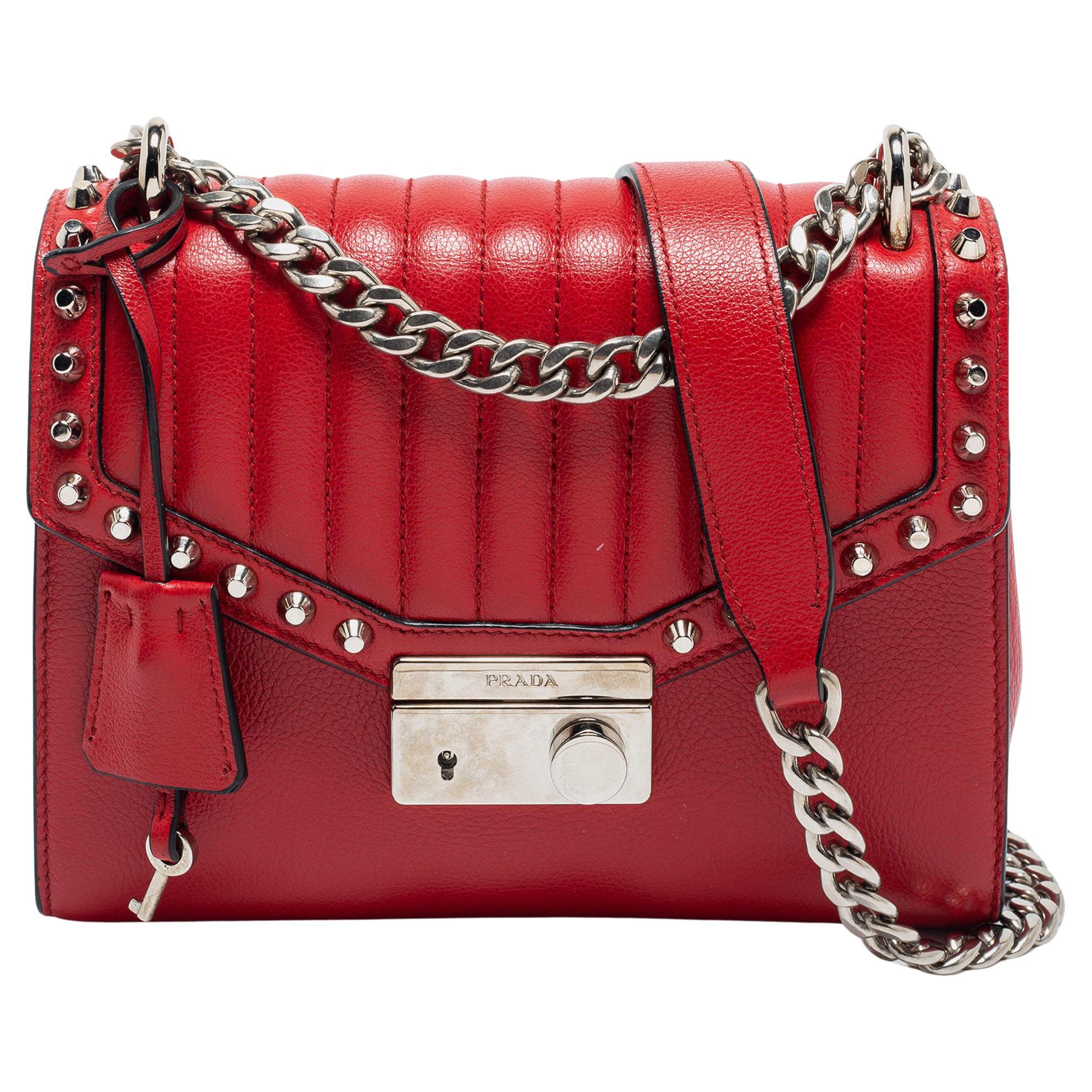 Prada Red Studded Vitello Daino Leather Flap Crossbody Bag at 1stDibs