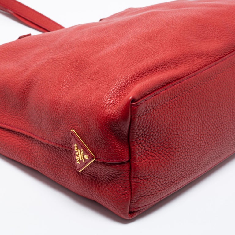 Prada Red Vitello Daino Leather Shopper Tote For Sale at 1stDibs