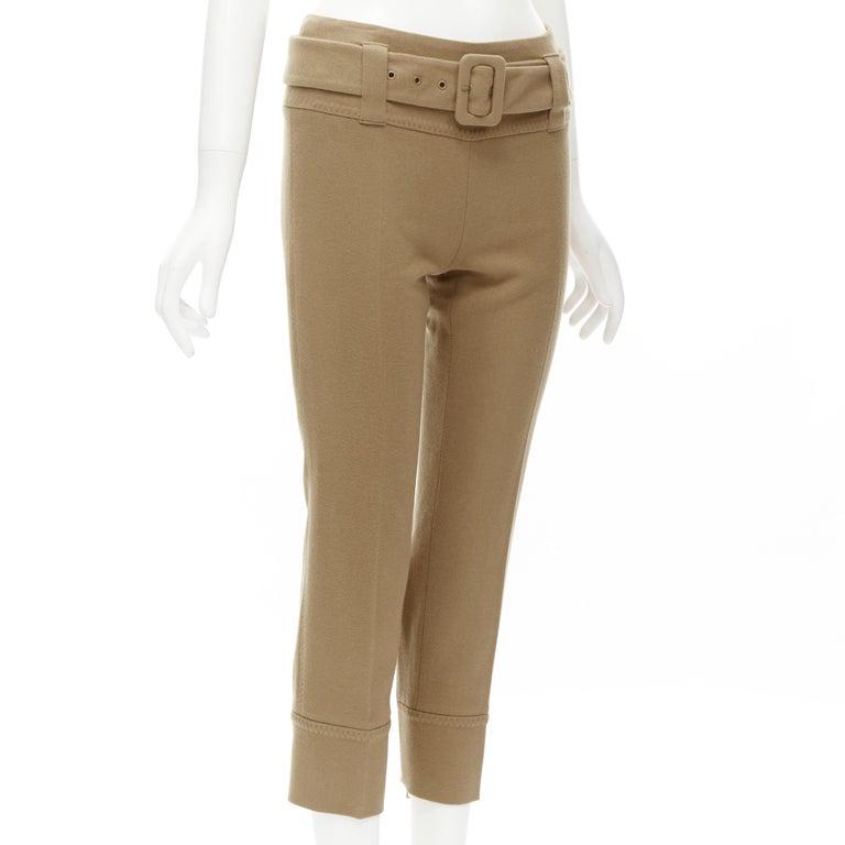 PRADA Runway camel tan wool buckle belt tapered cropped pants XS For ...