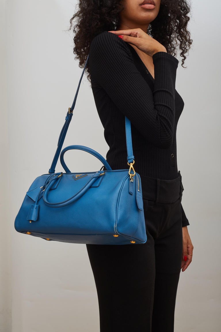 Prada Saffiano Leather Blue Bauletto Boston Bag Round For Sale at 1stDibs