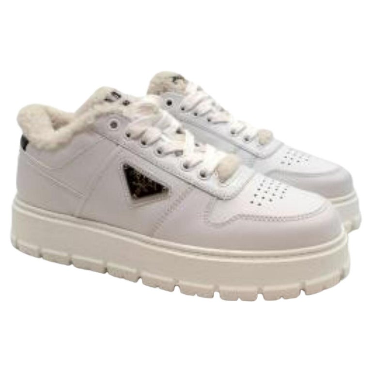 Prada Shearling Lined White Leather Wheel Sneakers For Sale at 1stDibs