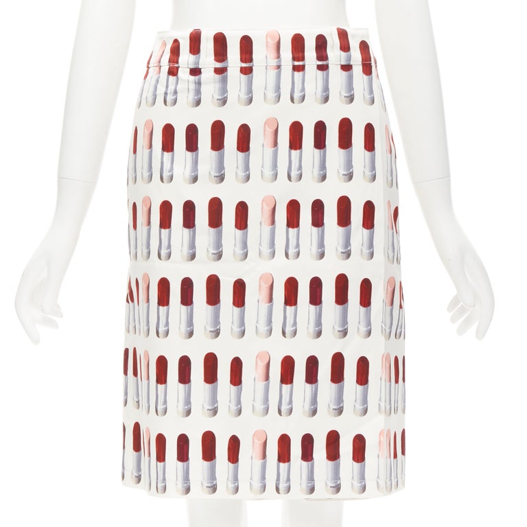 PRADA Signature Red Lipstick print white wrap front knee length skirt S ...