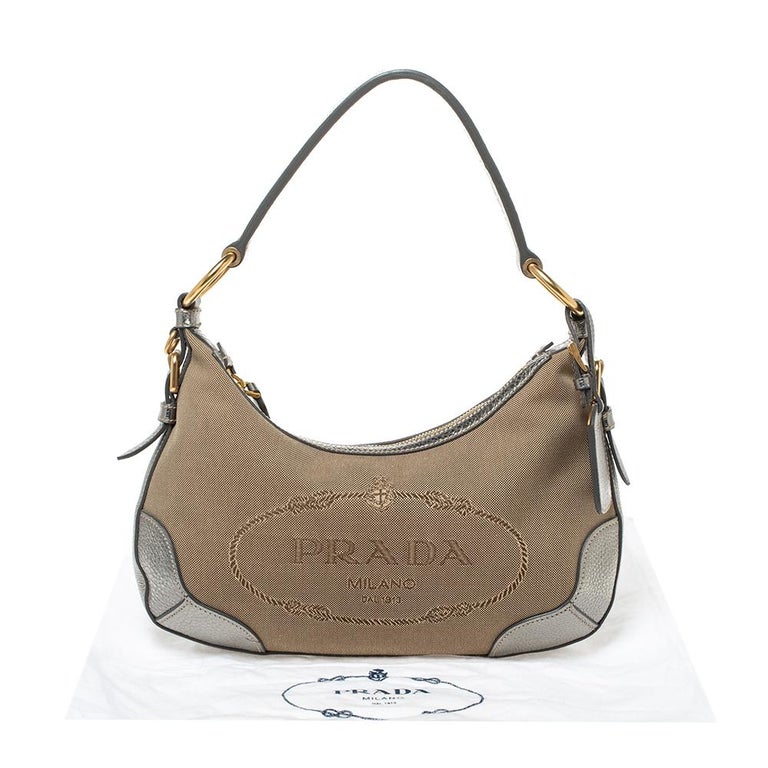 Prada Silver/Beige Logo Jacquard Canvas and Leather Hobo at 1stDibs
