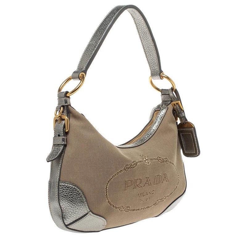 Prada Silver/Beige Logo Jacquard Canvas and Leather Hobo at 1stDibs