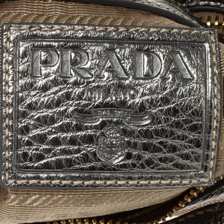 Prada Silver/Beige Logo Jacquard Canvas and Leather Hobo at 1stDibs