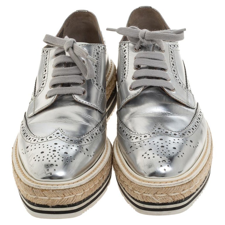 Prada Silver Glossy Brogue Leather Derby Espadrille Sneakers Size 39.5 ...