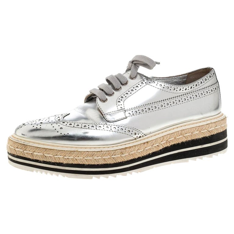 Prada Silver Glossy Brogue Leather Derby Espadrille Sneakers Size 39.5 ...