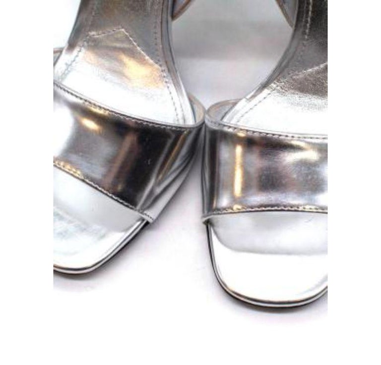 Prada Silver Patent Leather Heeled Sandals For Sale at 1stDibs
