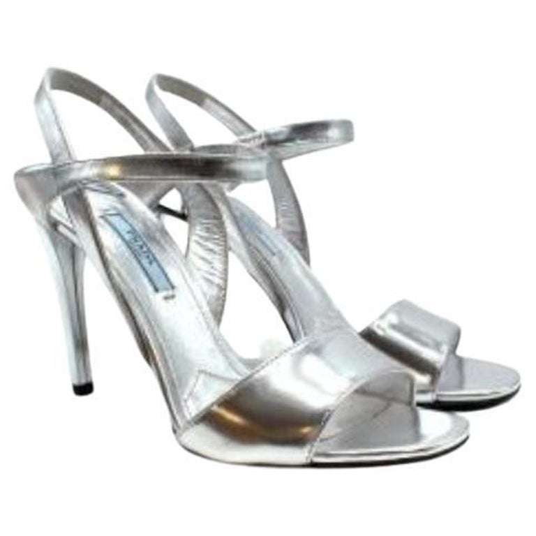 Prada Silver Patent Leather Heeled Sandals For Sale at 1stDibs