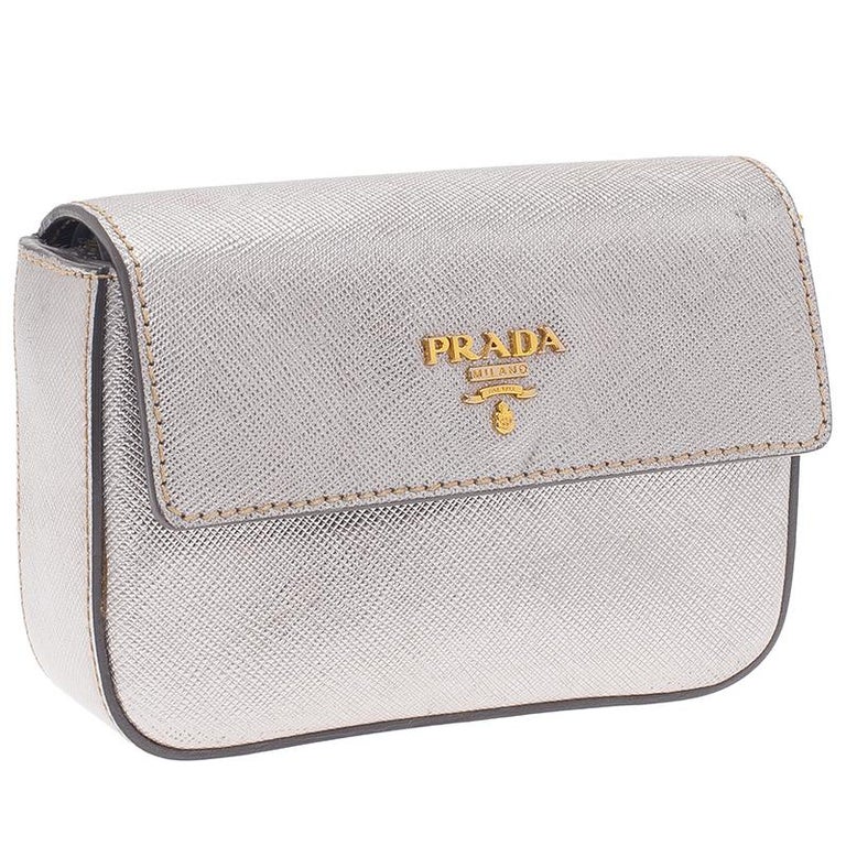 Prada Silver Saffiano Leather Mini Box Clutch For Sale at 1stDibs