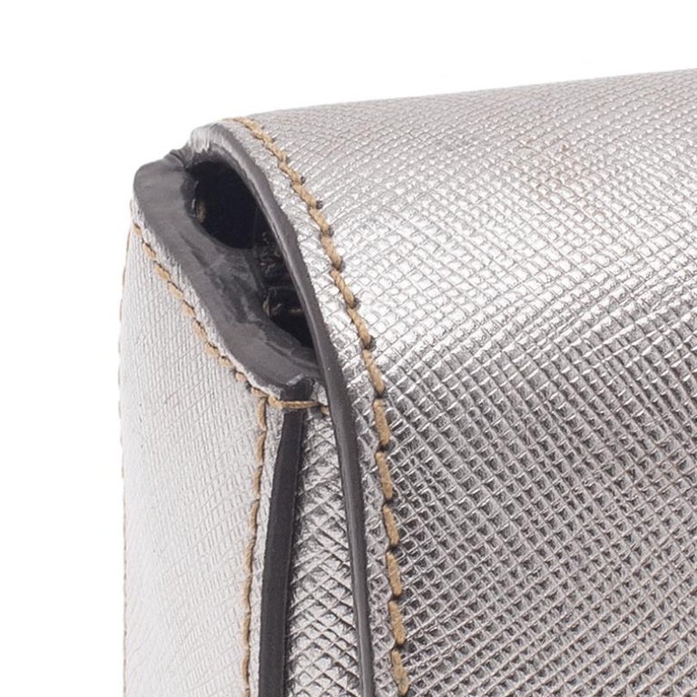 Prada Silver Saffiano Leather Mini Box Clutch For Sale at 1stDibs