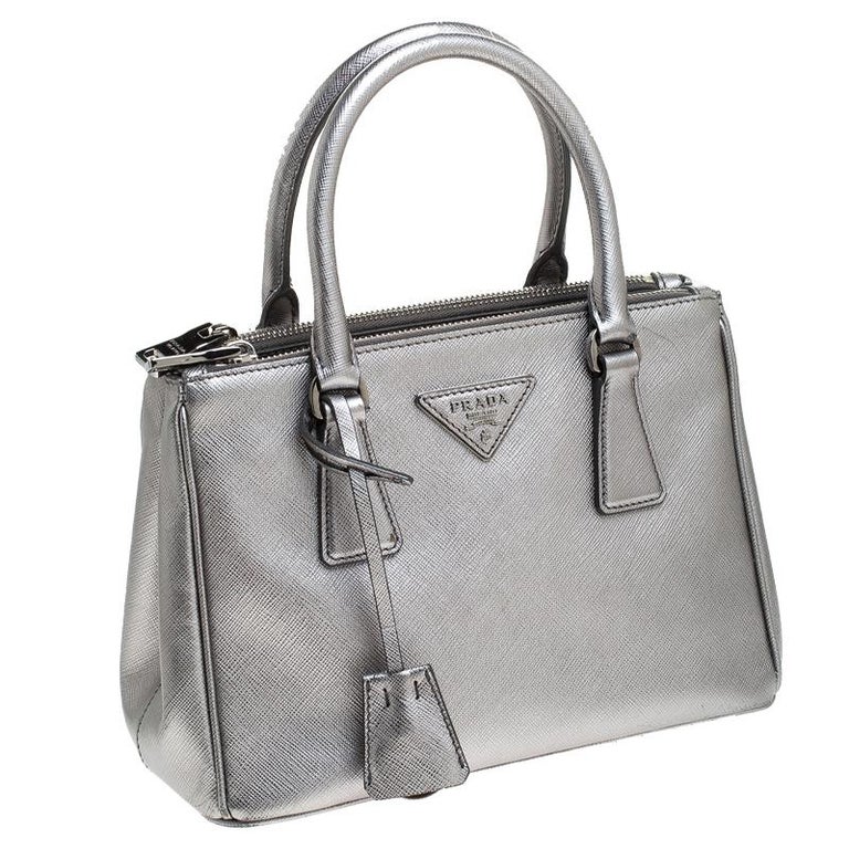 Prada Silver Saffiano Lux Leather Mini Double Zip Tote For Sale at 1stDibs
