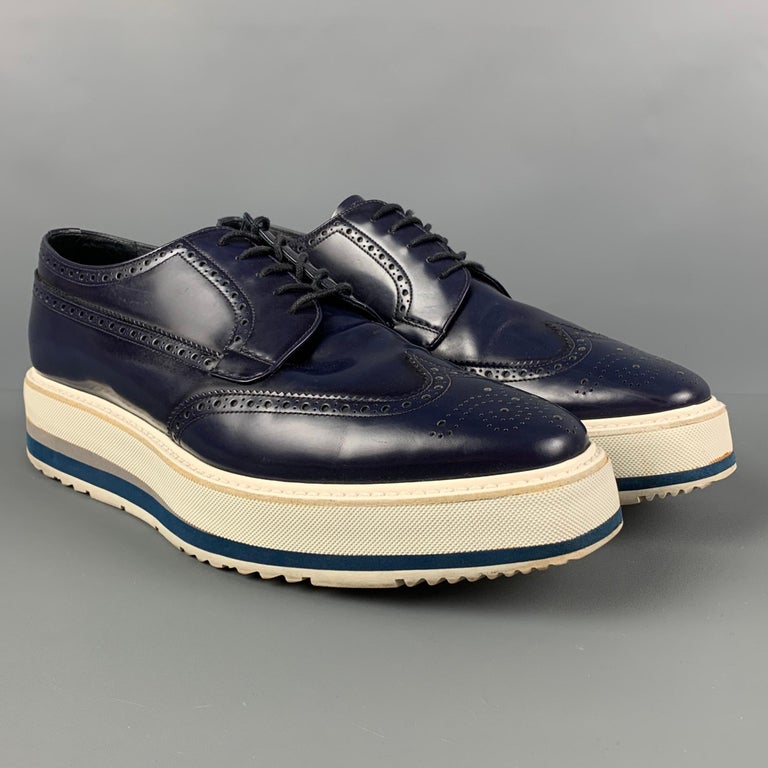 PRADA Size 10 Navy White Perforated Leather Platform Lace Up Shoes For ...