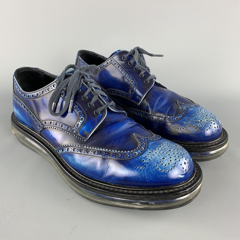 PRADA Size 10.5 Electric Blue Antique Leather Wingtip Lace Up Shoes at ...