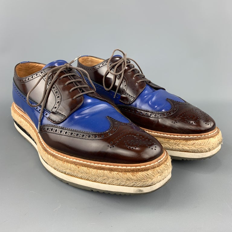 PRADA Size 11 Brown and Blue Leather Wingtip Lace Up Platform Brogues ...