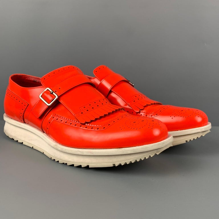 PRADA Size 11 Orange Perforated Leather Monk Strap Loafers For Sale at ...
