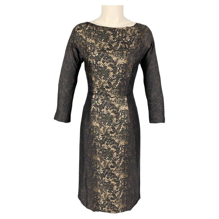 PRADA Size 2 Black Brown Silk Lace Print 3/4 Sleeves Dress For Sale at ...