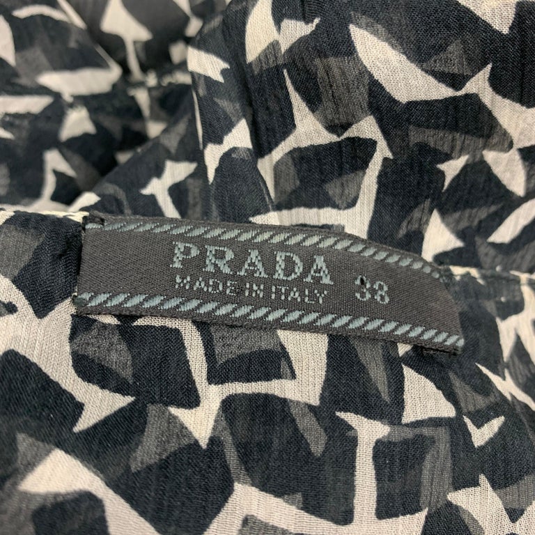 PRADA Size 2 Black White Silk Short Sleeve Blouse For Sale at 1stDibs