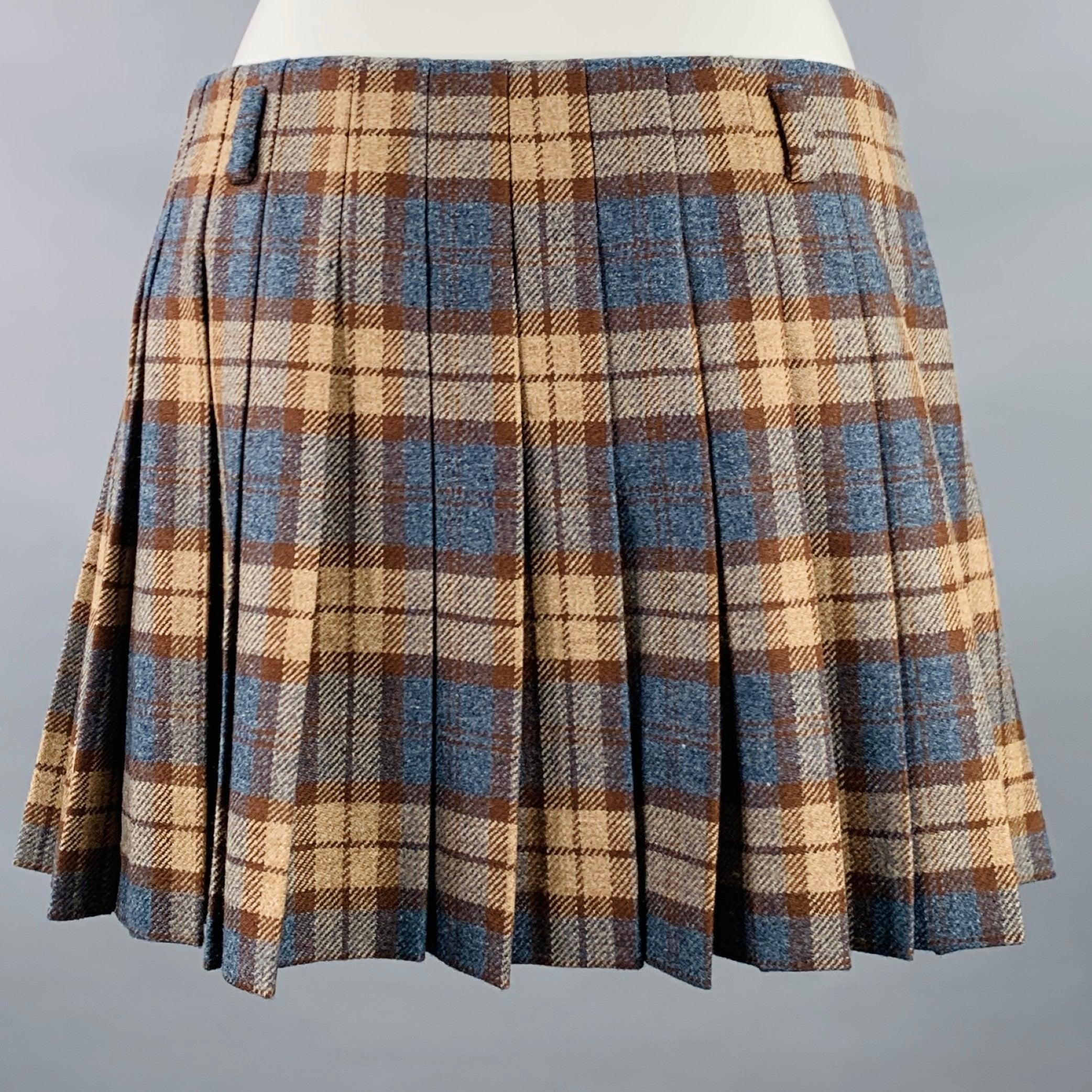 PRADA Size 28 Blue Taupe Wool Plaid Pleated Mini Skirt For Sale at 1stDibs