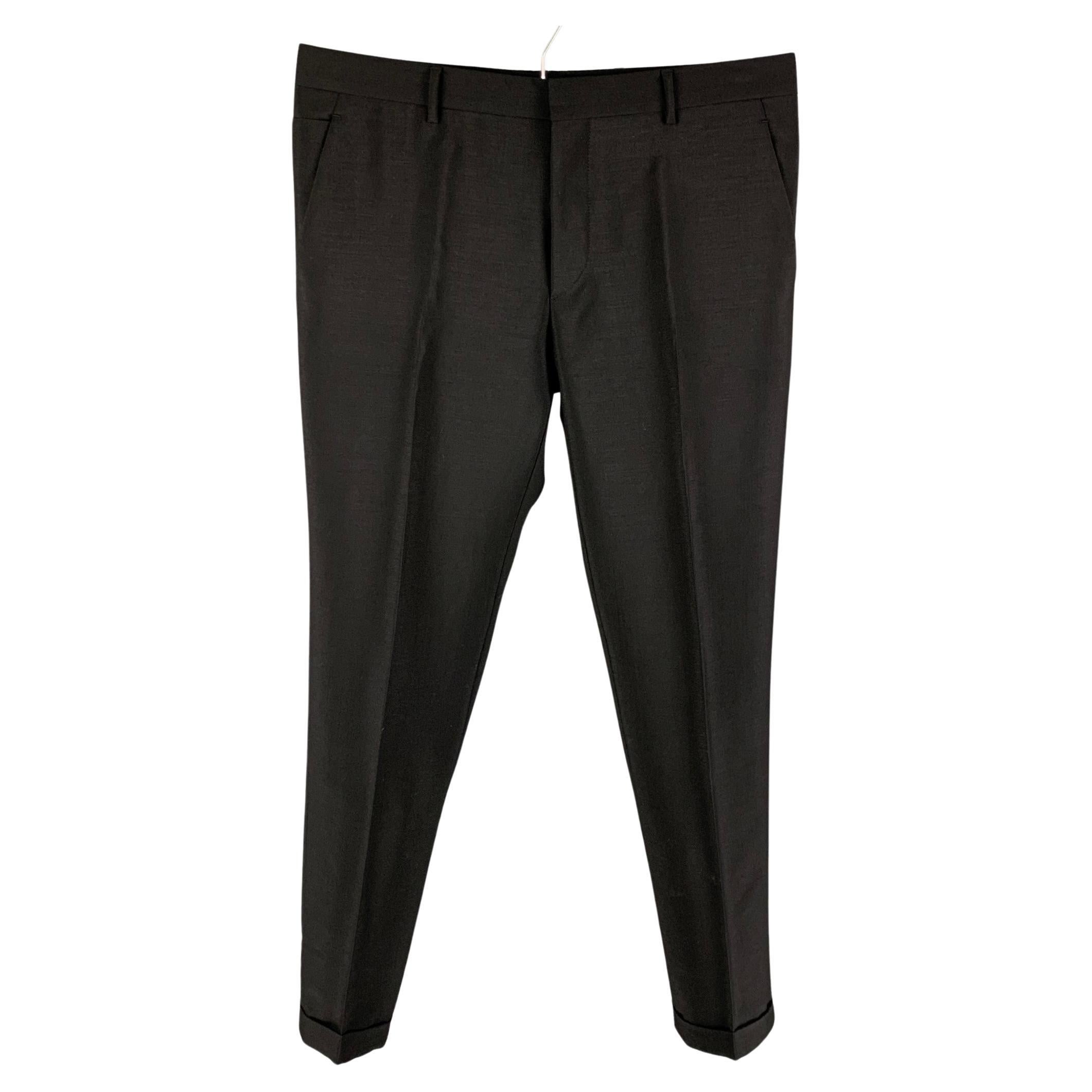 PRADA Size 34 Black Virgin Wool Button Fly Dress Pants For Sale at 1stDibs