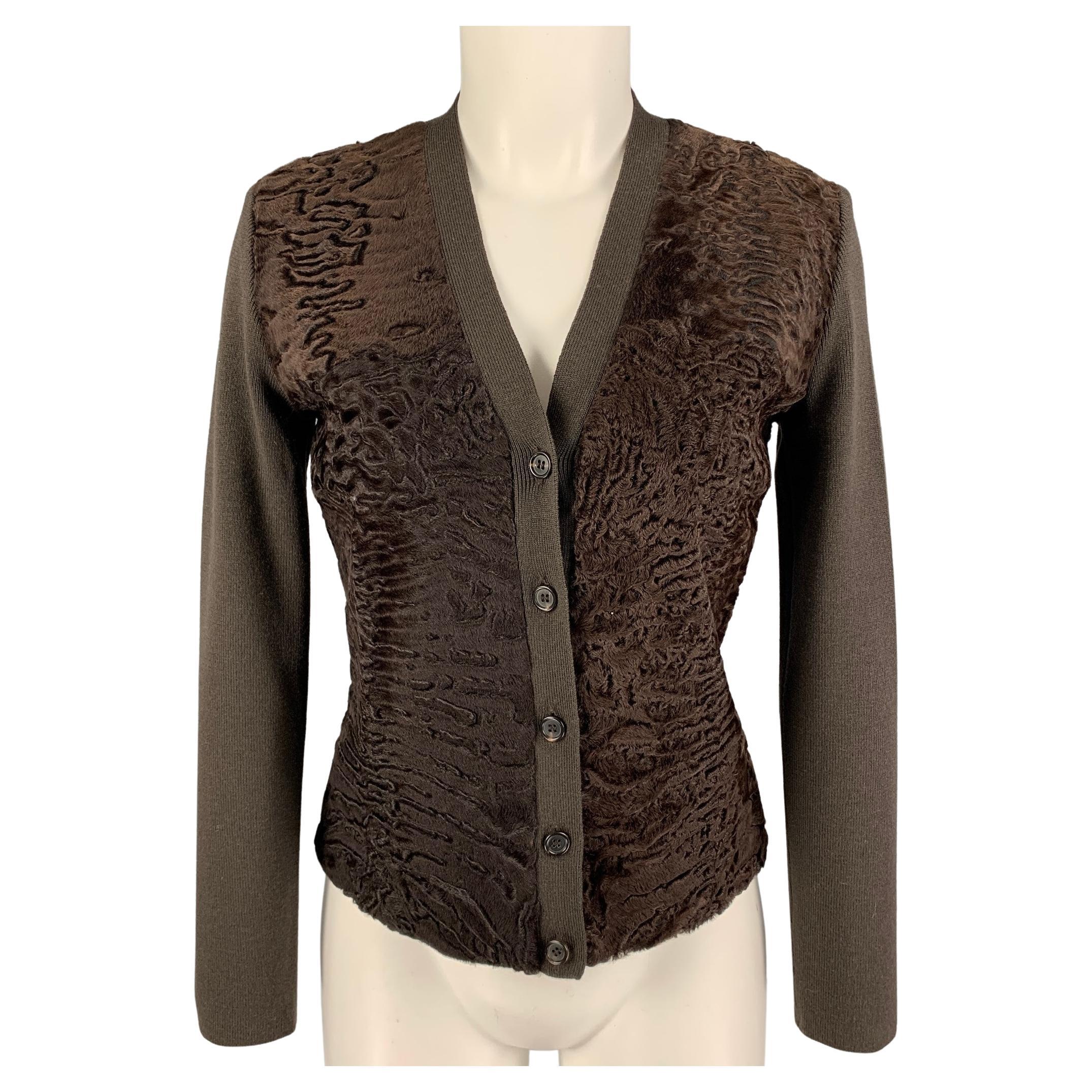PRADA Size 4 Brown Wool Mixed Materials Lamb Fur Trim V-Neck Cardigan ...