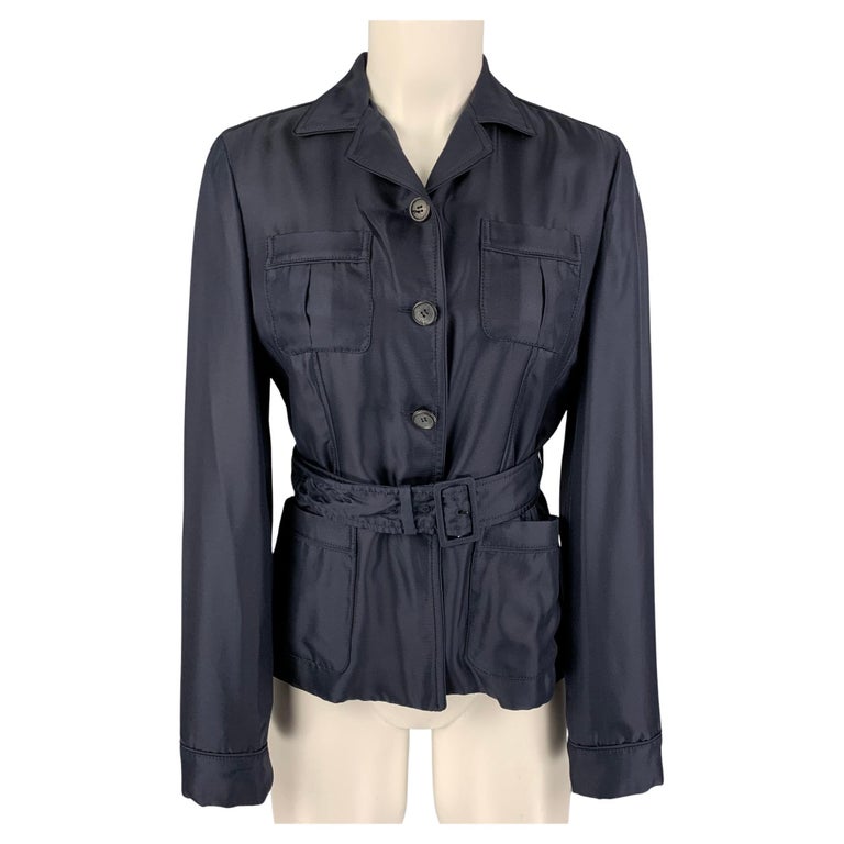 PRADA Size 4 Navy Silk Single Breasted Belted Jacket For Sale at 1stDibs