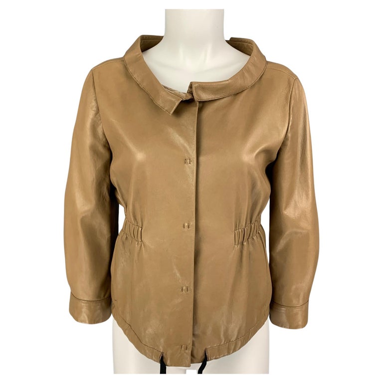 PRADA Size 4 Tan Leather 3/4 Sleeves Jacket For Sale at 1stDibs