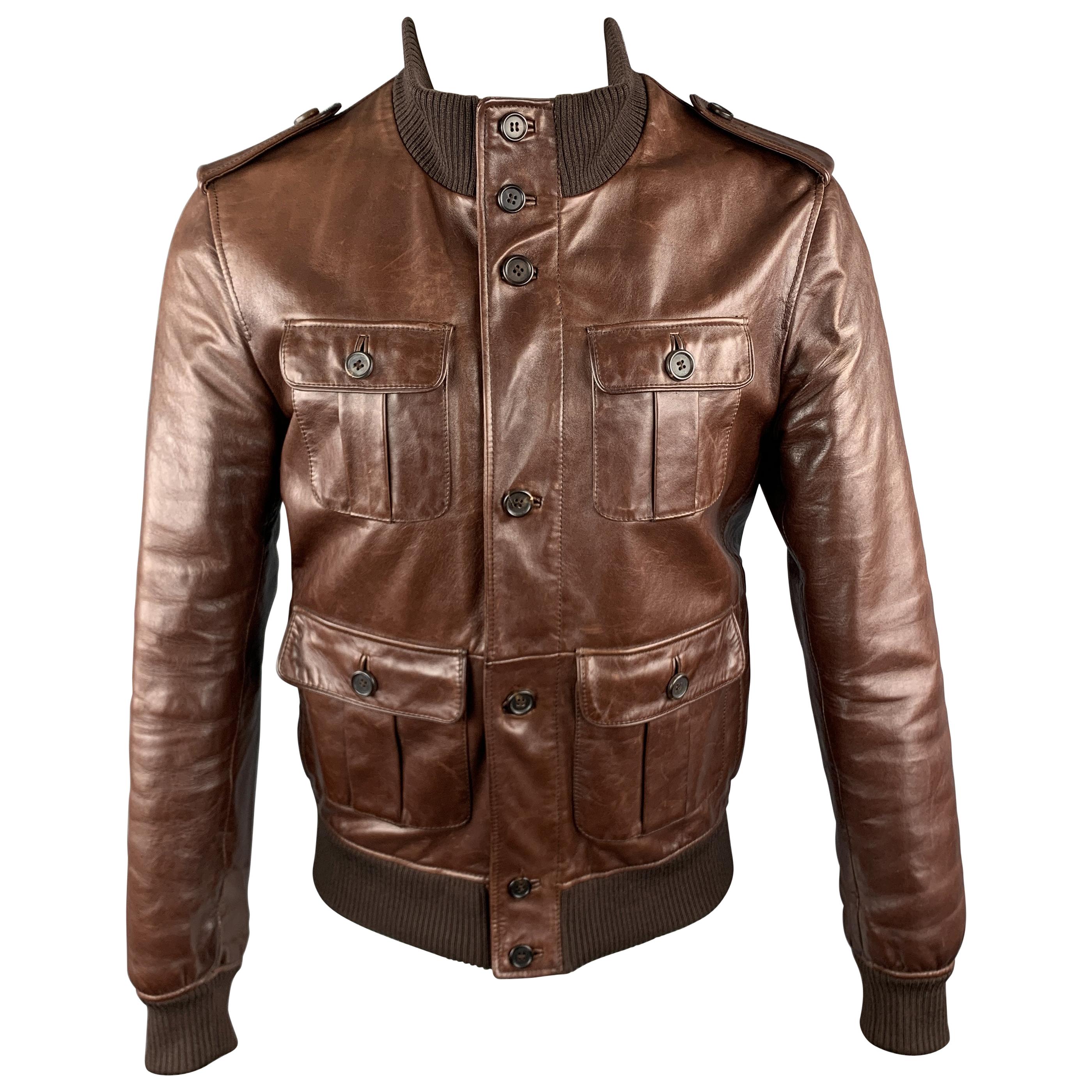 PRADA Size 40 Brown Leather High Collar Epaullettes Zip and Buttons ...