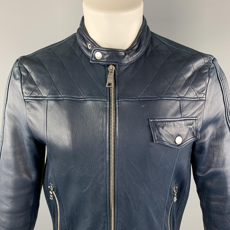 PRADA Size 40 Navy Quilted Leather Zip Up Motorcycle Jacket at 1stDibs