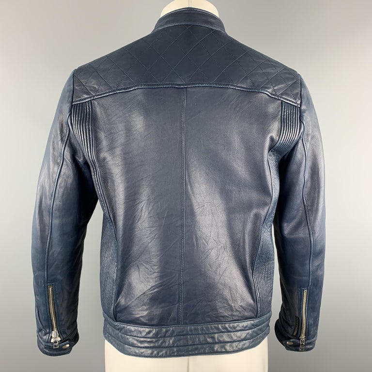 PRADA Size 40 Navy Quilted Leather Zip Up Motorcycle Jacket at 1stDibs