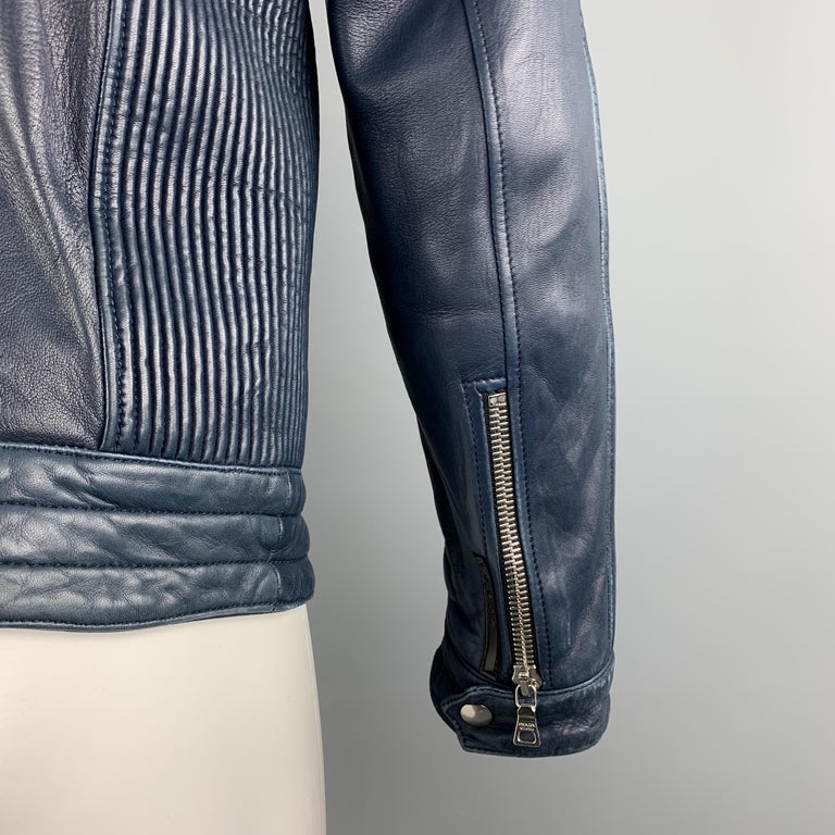 PRADA Size 40 Navy Quilted Leather Zip Up Motorcycle Jacket at 1stDibs