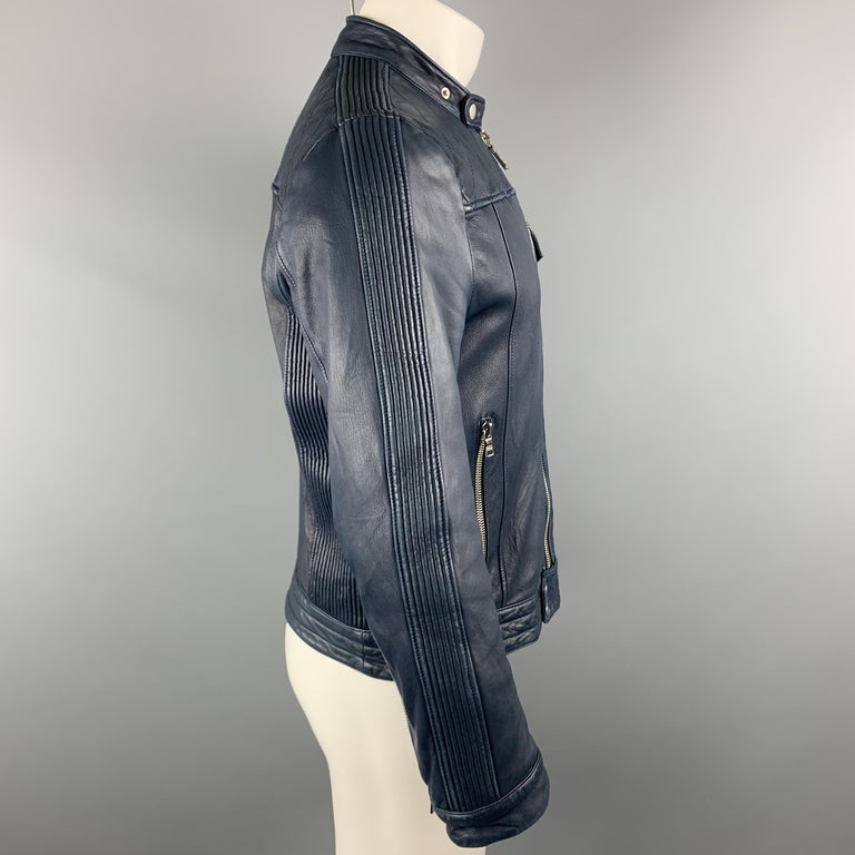 PRADA Size 40 Navy Quilted Leather Zip Up Motorcycle Jacket at 1stDibs