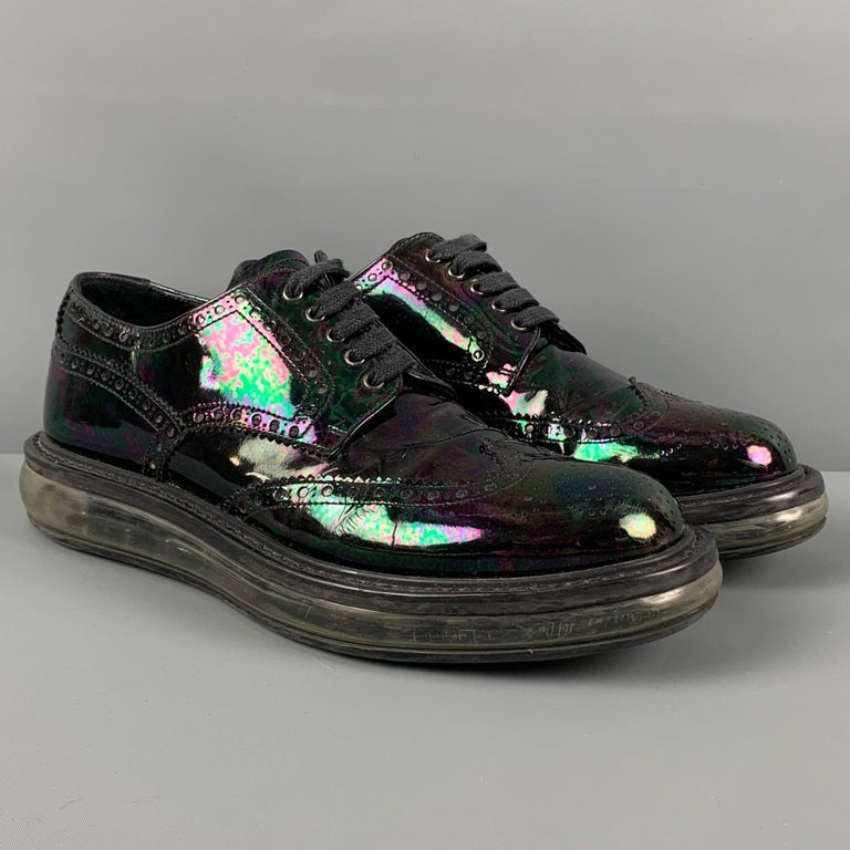 PRADA Size 7.5 Black Iridescent Leather Platform Lace Up Shoes For Sale ...