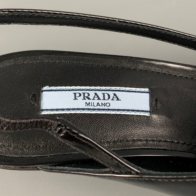 PRADA Size 7.5 Black Leather Slingback Wedge Pumps For Sale at 1stDibs