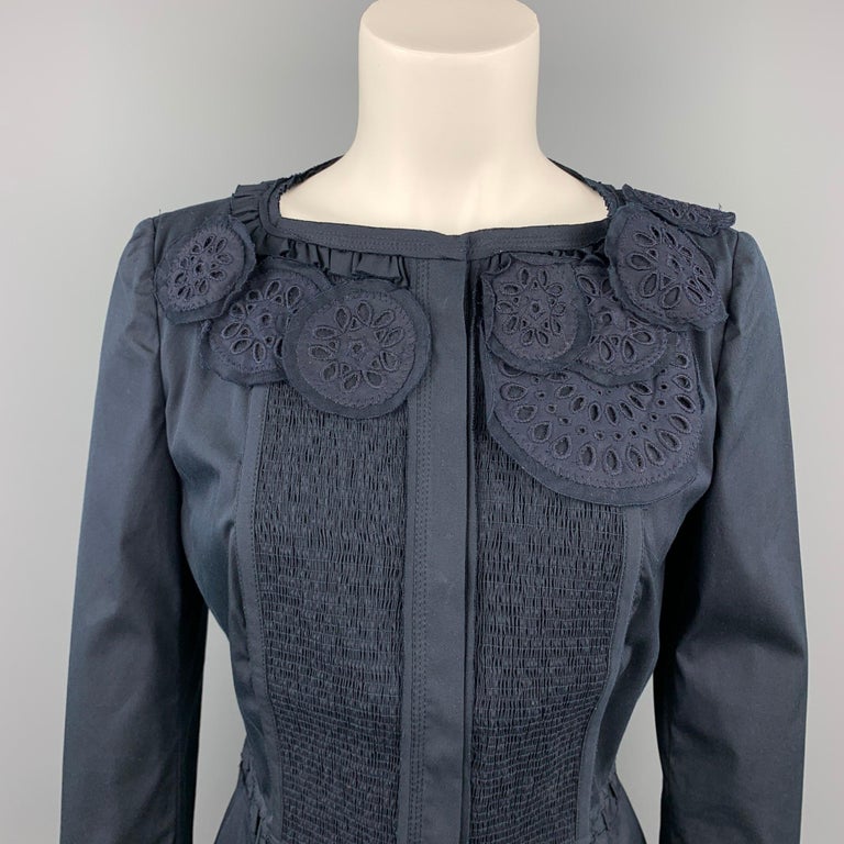 PRADA Size 8 Navy Eyelet Cotton Collarless Jacket For Sale at 1stDibs