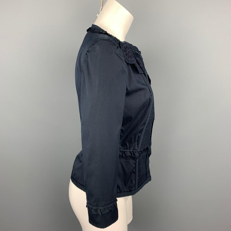 PRADA Size 8 Navy Eyelet Cotton Collarless Jacket For Sale at 1stDibs