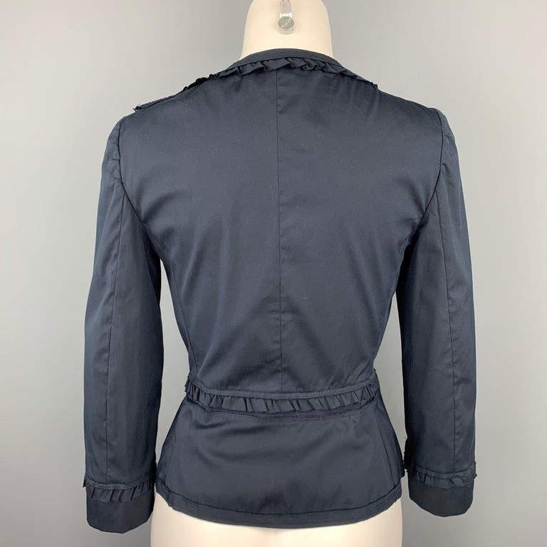 PRADA Size 8 Navy Eyelet Cotton Collarless Jacket For Sale at 1stDibs