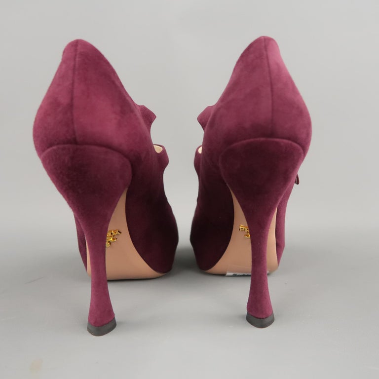 PRADA Size 8 Plum Suede Double Mary Jane Strap Peep Toe Platform Pumps ...