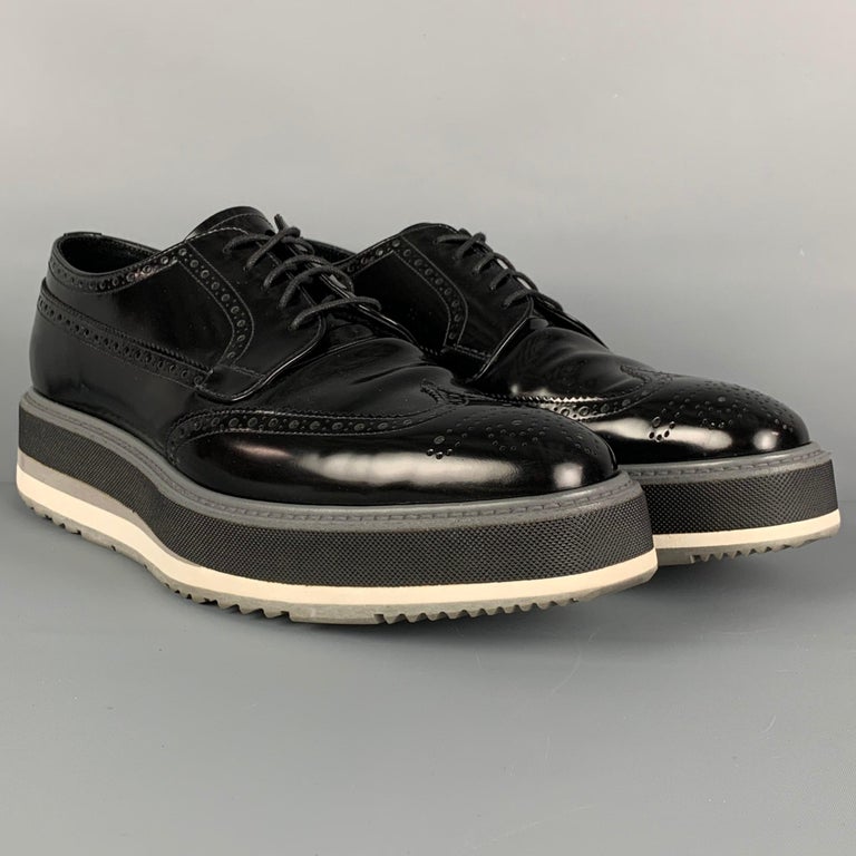 PRADA Size 9 Black Perforated Leather Wingtip Platform Lace Up Shoes at ...