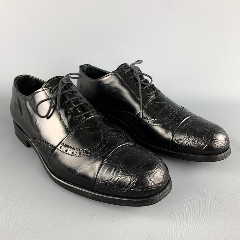 PRADA Size 9 Black Perforated Leather Wingtip Textured Cap Toe Lace Up ...