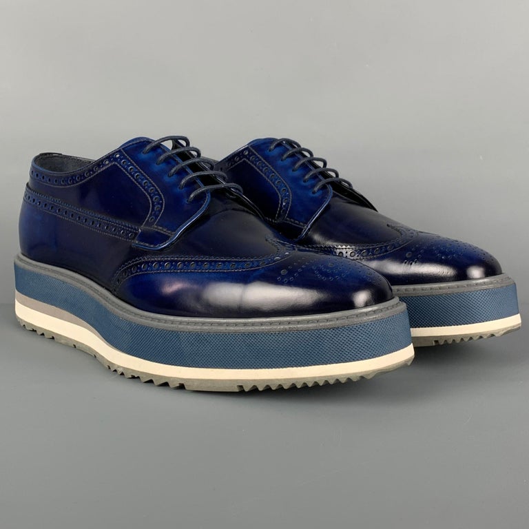PRADA Size 9 Blue Perforated Leather Wingtip Platform Lace Up Shoes at ...