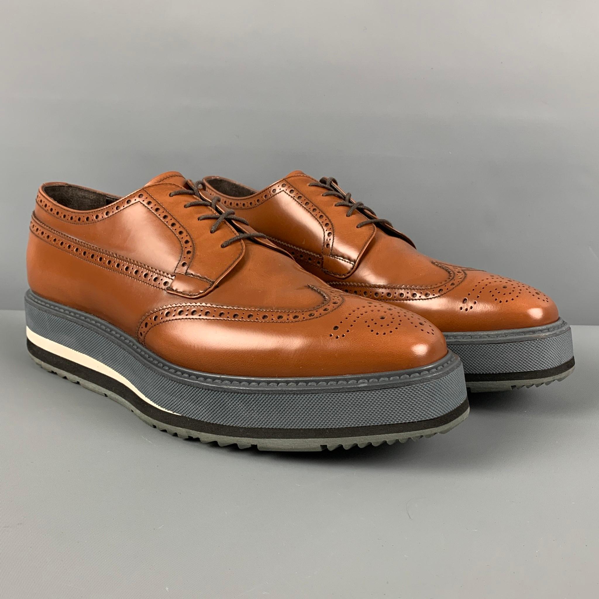 PRADA Size 9.5 Tan Grey Perforated Leather Platform Lace Up Shoes at ...