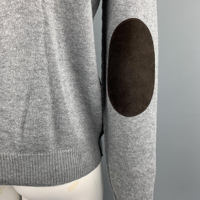 PRADA Size L Gray Wool V-Neck Beige Trim Elbow Patch Pullover Sweater ...