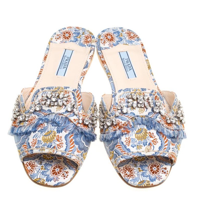 Prada Special Edition Brocade Crystal Embellished Peep Toe Flat Size 37 ...